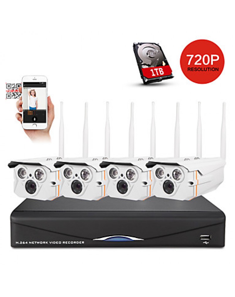 4CH Wireless 1.0MP 720P NVR POE Security IP Camera Kit System Home ...